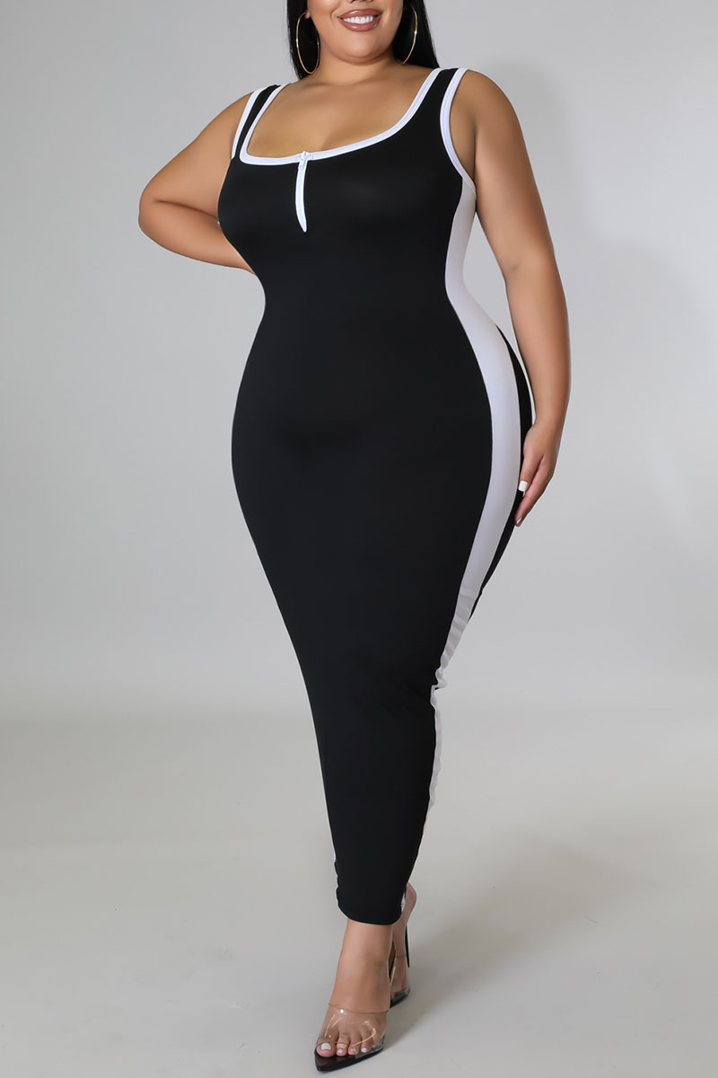 Black Casual Solid Patchwork U Neck Pencil Skirt Plus Size Dresses Plus
