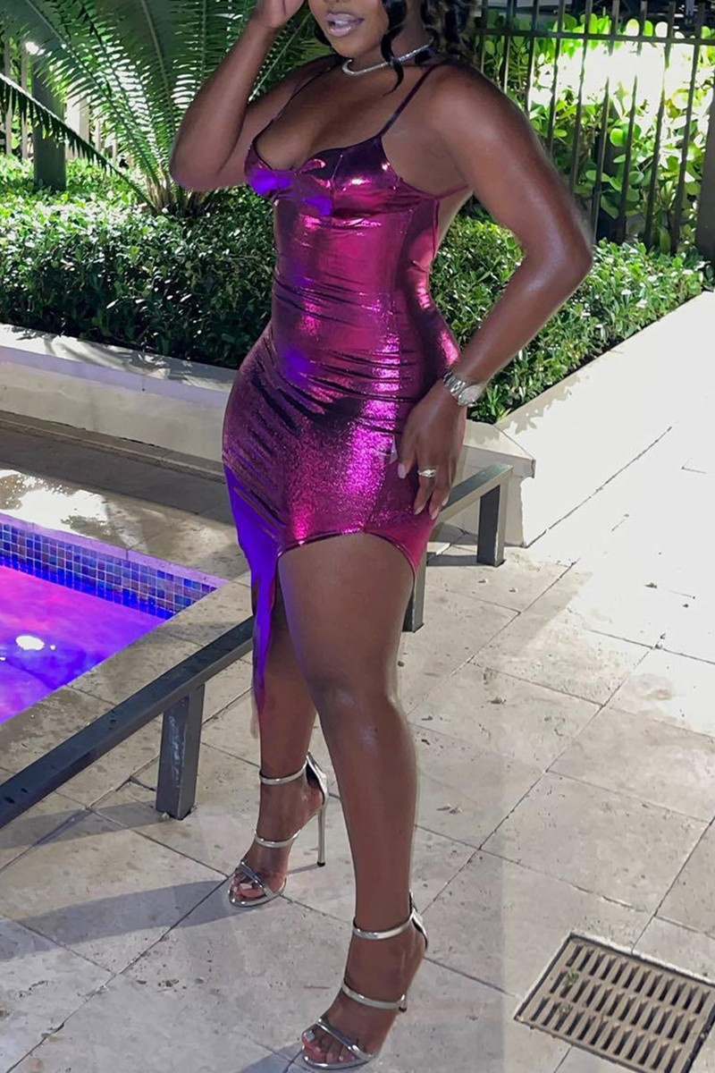 Wholesale Purple Fashion Sexy Solid Backless Slit Spaghetti Strap