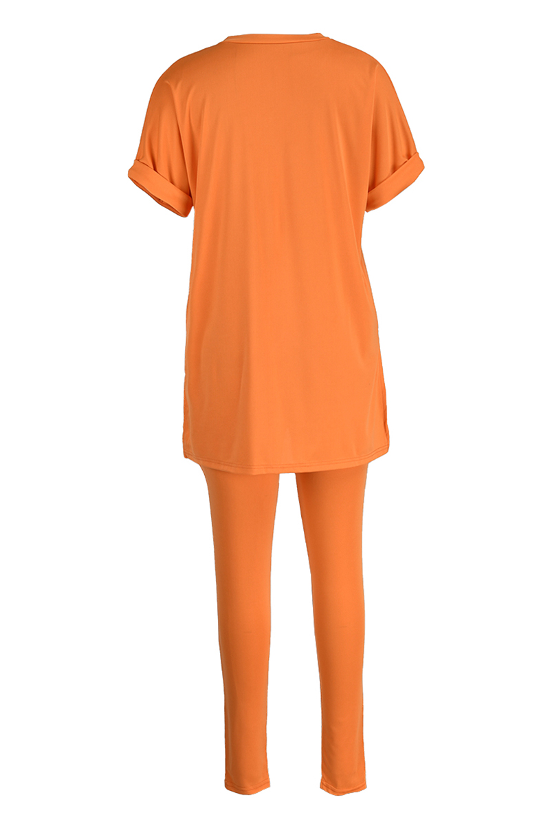 Orange Fashion Casual Solid Patchwork Slit V Neck Short Sleeve Two