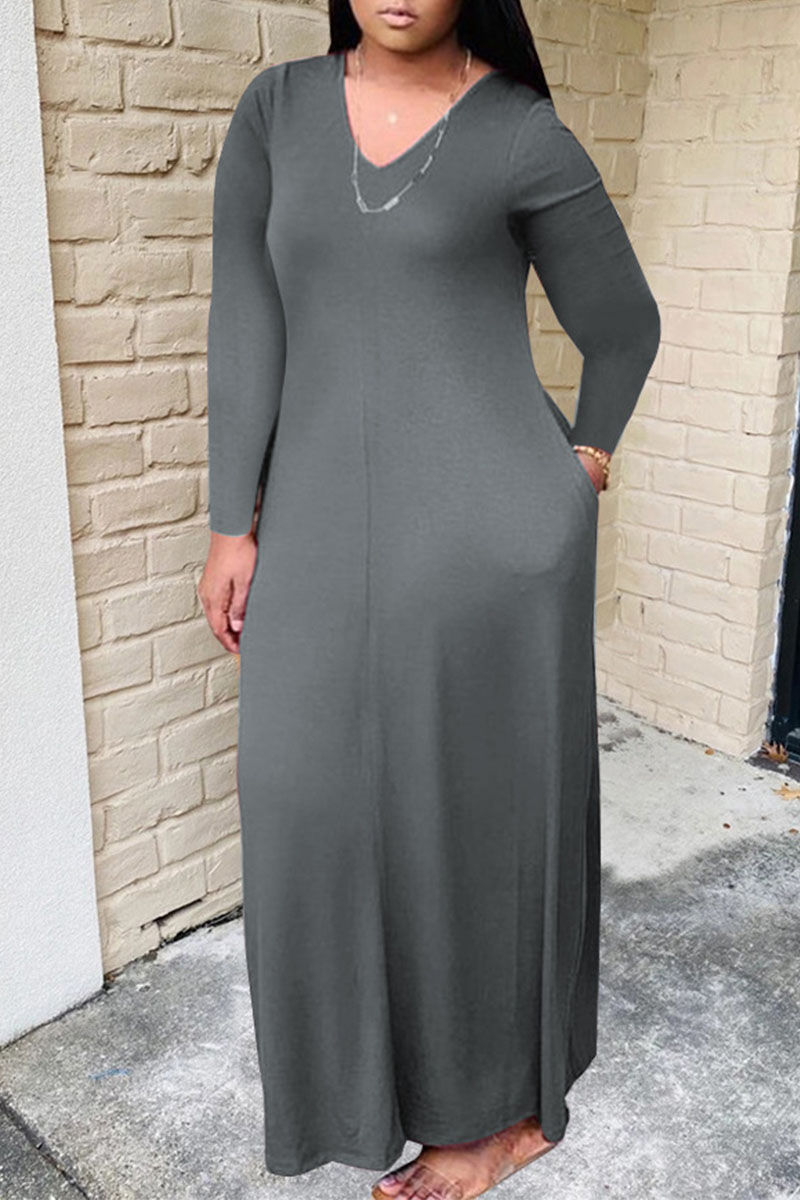 White Casual Solid Patchwork V Neck Long Sleeve Plus Size Dresses Plus