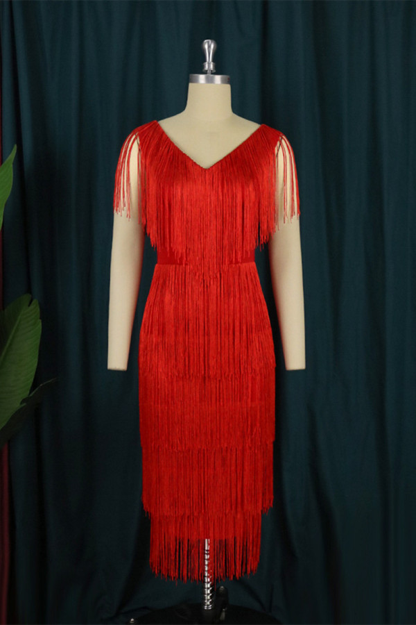 Wholesale Red Fashion Sexy Solid Tassel Patchwork V Neck Sleeveless ...