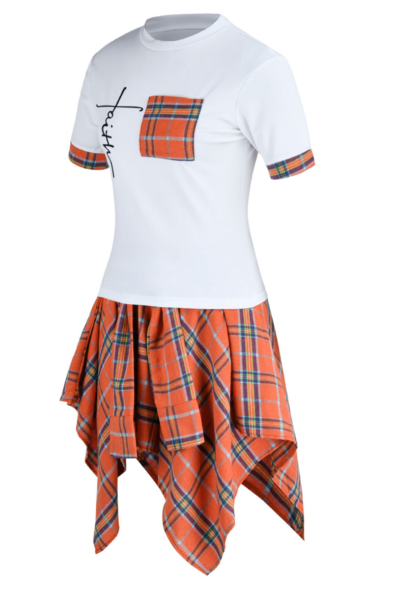 Orange Fashion Casual Print Patchwork Asymmetrical O Neck Short Sleeve