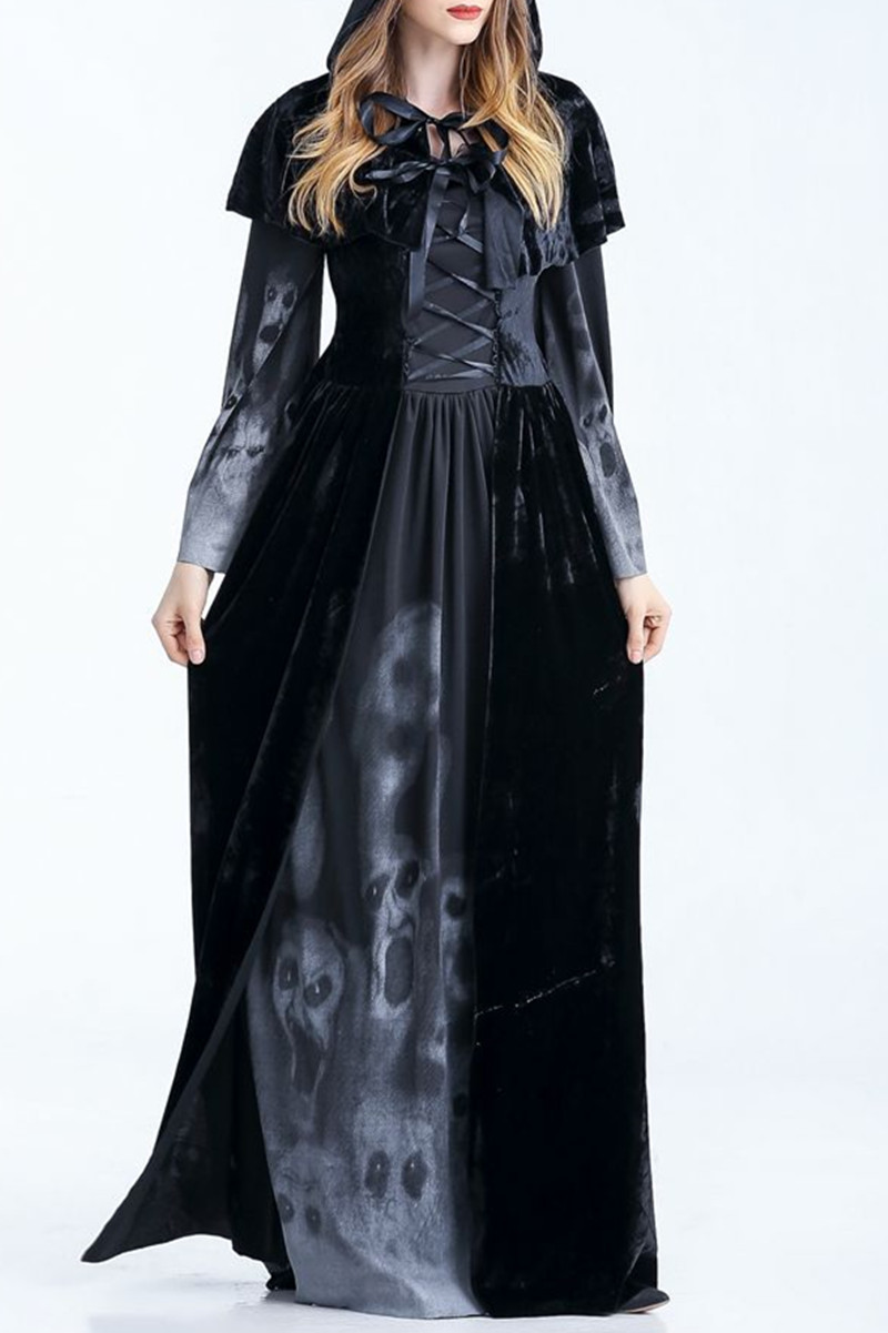 Wholesale Black Halloween Scary Skull Print Dark Witch Costume Party ...