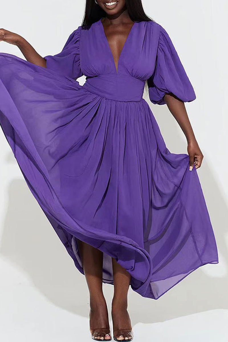 Wholesale Purple Casual Solid Patchwork V Neck Long Dress Dresses