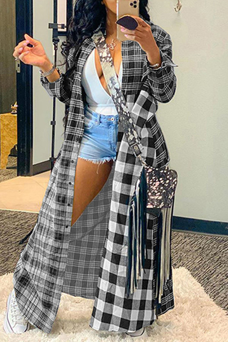 Wholesale Blue Casual Plaid Print Cardigan Turndown Collar Outerwear ...