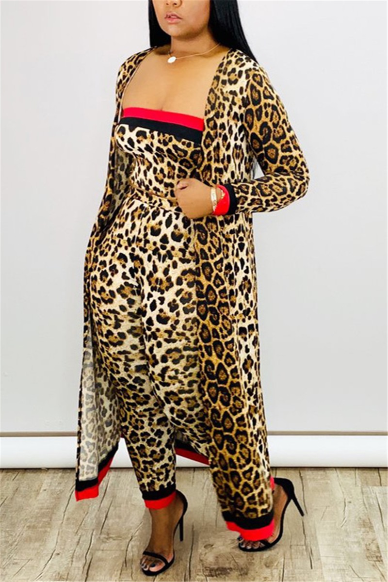 Fashion Sexy Print Leopard 3 Piece Suit (Wrap Chest + Trousers + Long Coat)