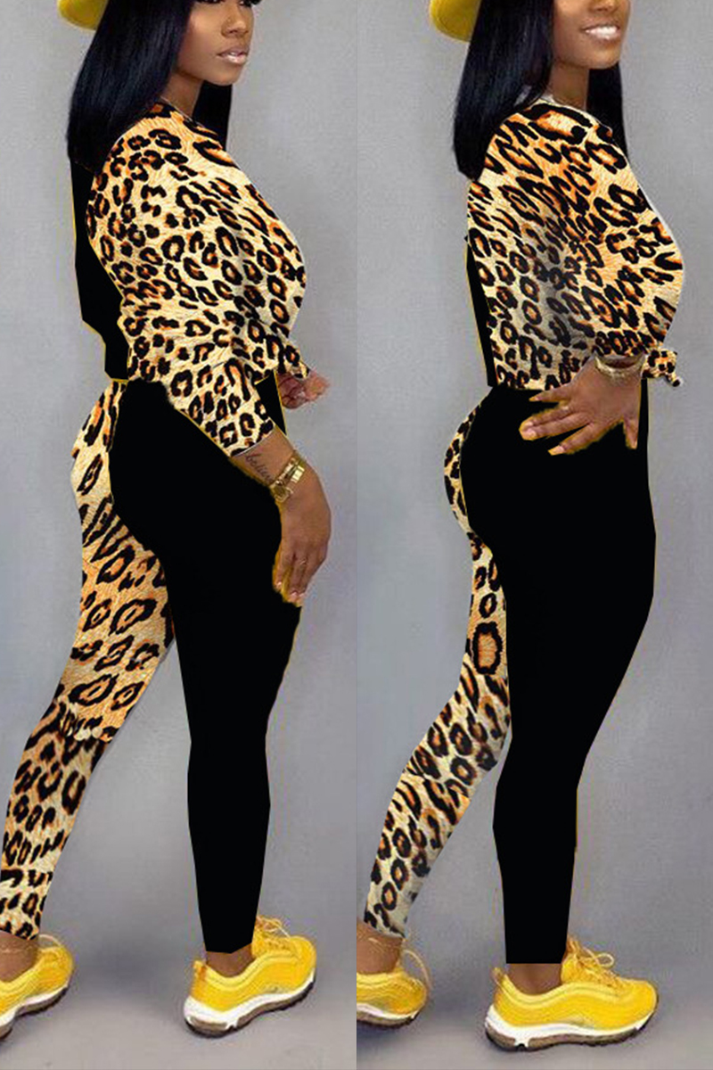 Casual Leopard Print Stitching Black Two-Piece Suit