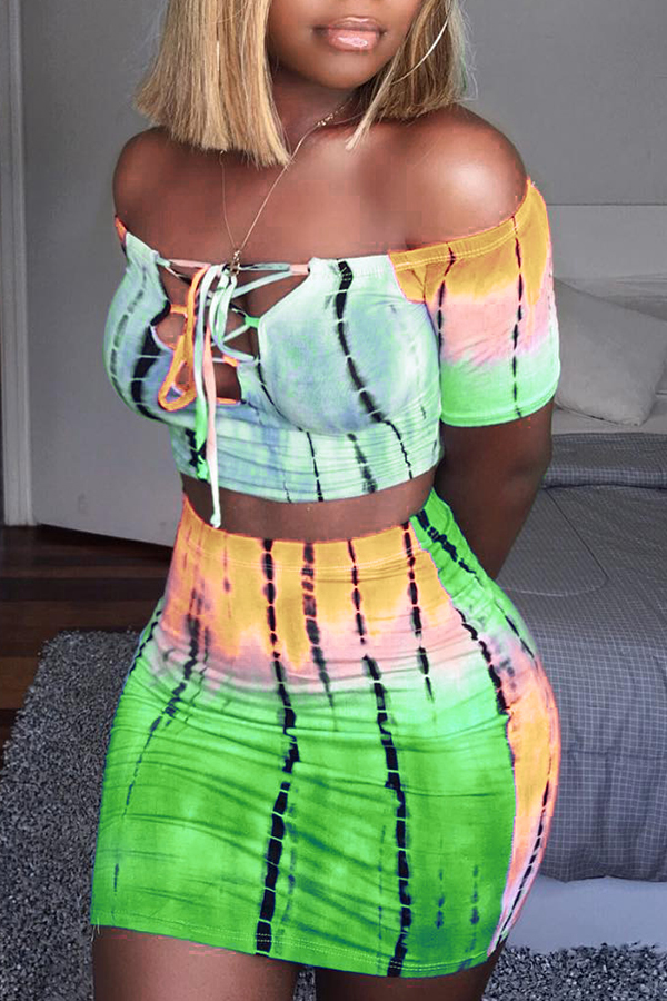 Wholesale Green Sexy Bateau Neck Printing Twilled Satin Two Piece Skirt