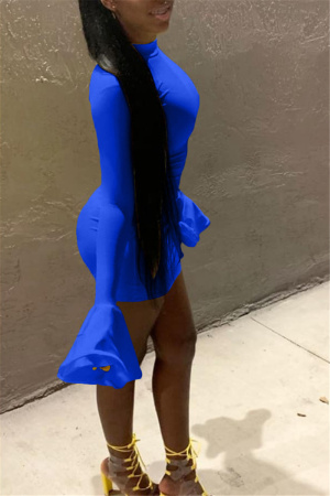 Nightclub Sexy Trumpet Sleeve Solid Color Blue Dress