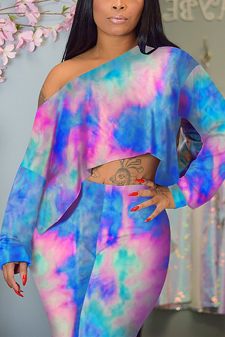 Fashion Sexy Off The Shoulder Print Green Two-piece Set