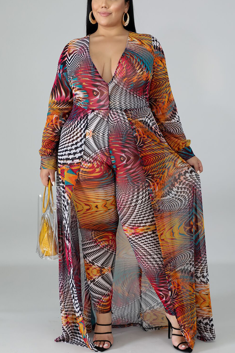 Sexy Deep V-Neck Multicolor Print Jumpsuits