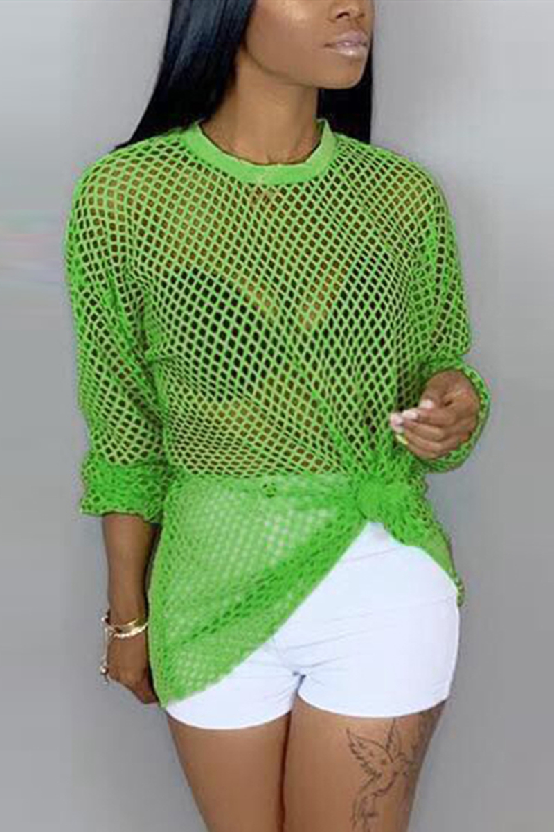 Fashion Sexy Long Sleeve Green Mesh Top