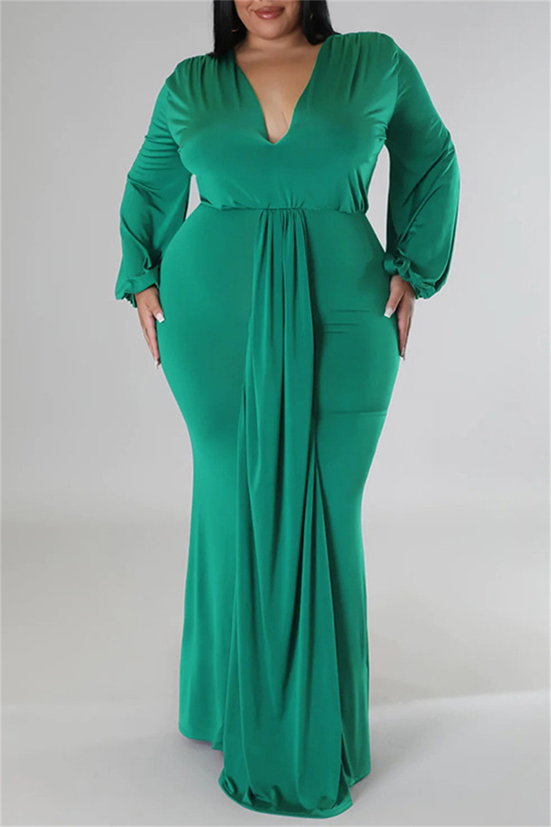 Burgundy Casual Solid Patchwork V Neck Long Sleeve Plus Size Dresses