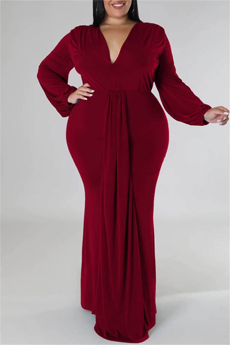 Burgundy Casual Solid Patchwork V Neck Long Sleeve Plus Size Dresses