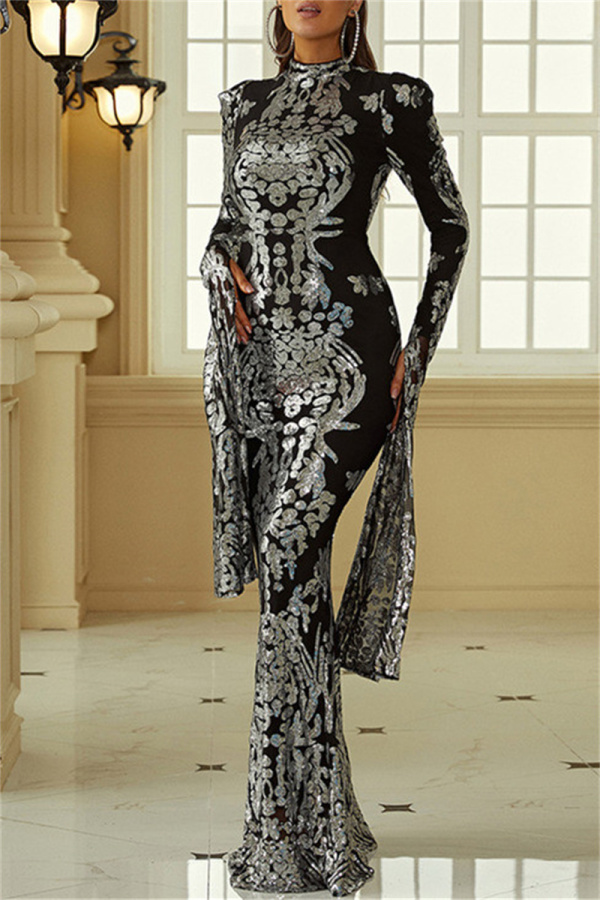 Wholesale Black Sexy Formal Patchwork Sequins Half A Turtleneck Evening ...