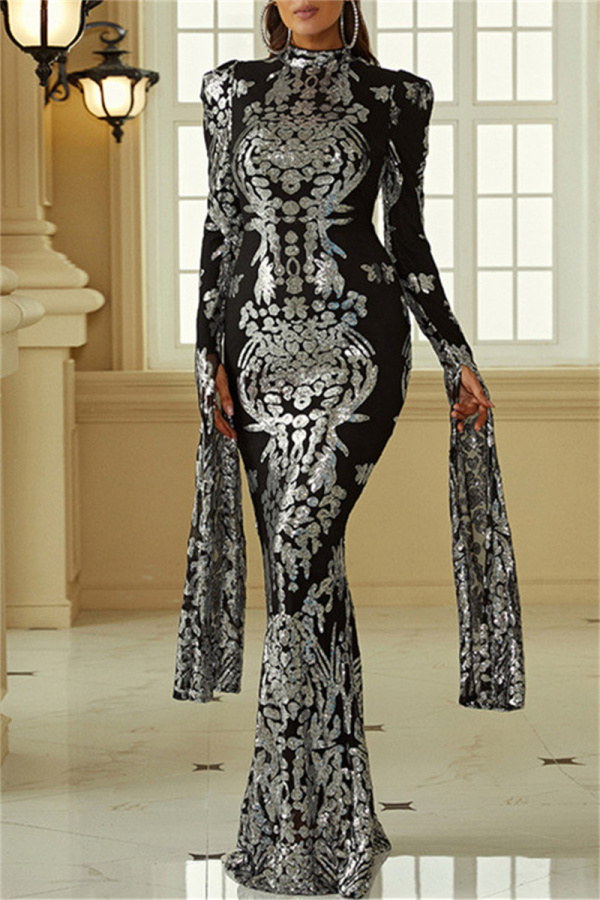 Wholesale Black Sexy Formal Patchwork Sequins Half A Turtleneck Evening ...