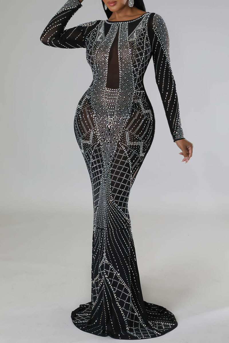 Wholesale Black Sexy Solid Patchwork See-through Hot Drill O Neck ...