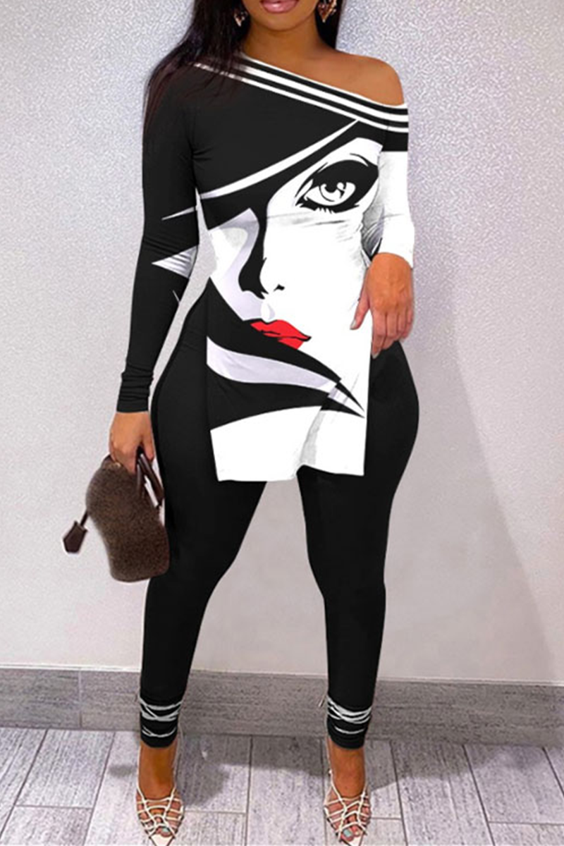 Wholesale Gray White Street Print Patchwork One Shoulder Long Sleeve ...