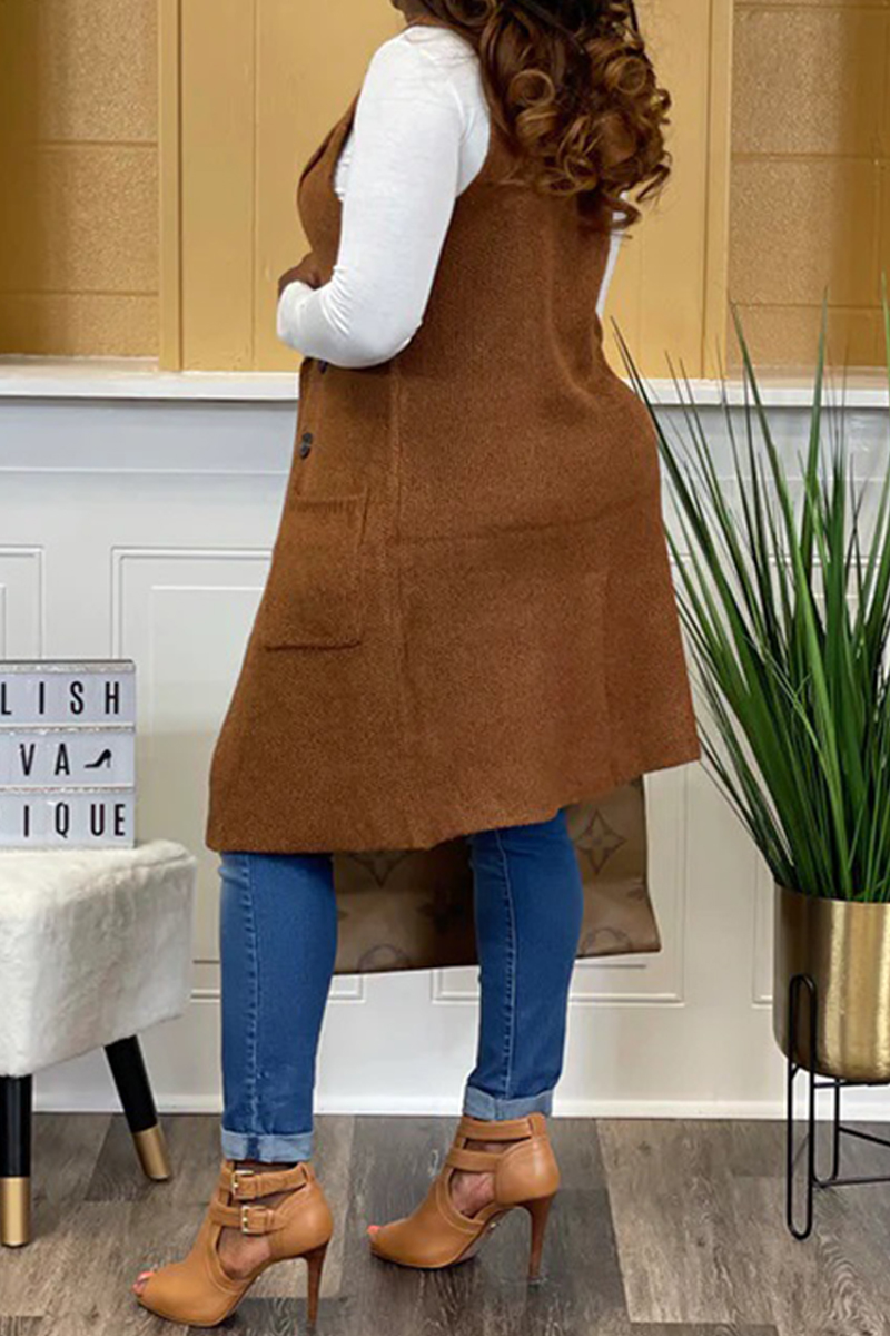 Wholesale Earth Yellow Casual Solid Cardigan Turndown Collar Outerwear