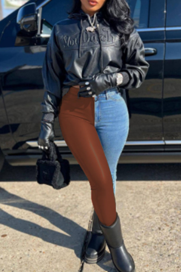 Wholesale Dark Brown Casual Solid Patchwork High Waist Denim Jeans ...