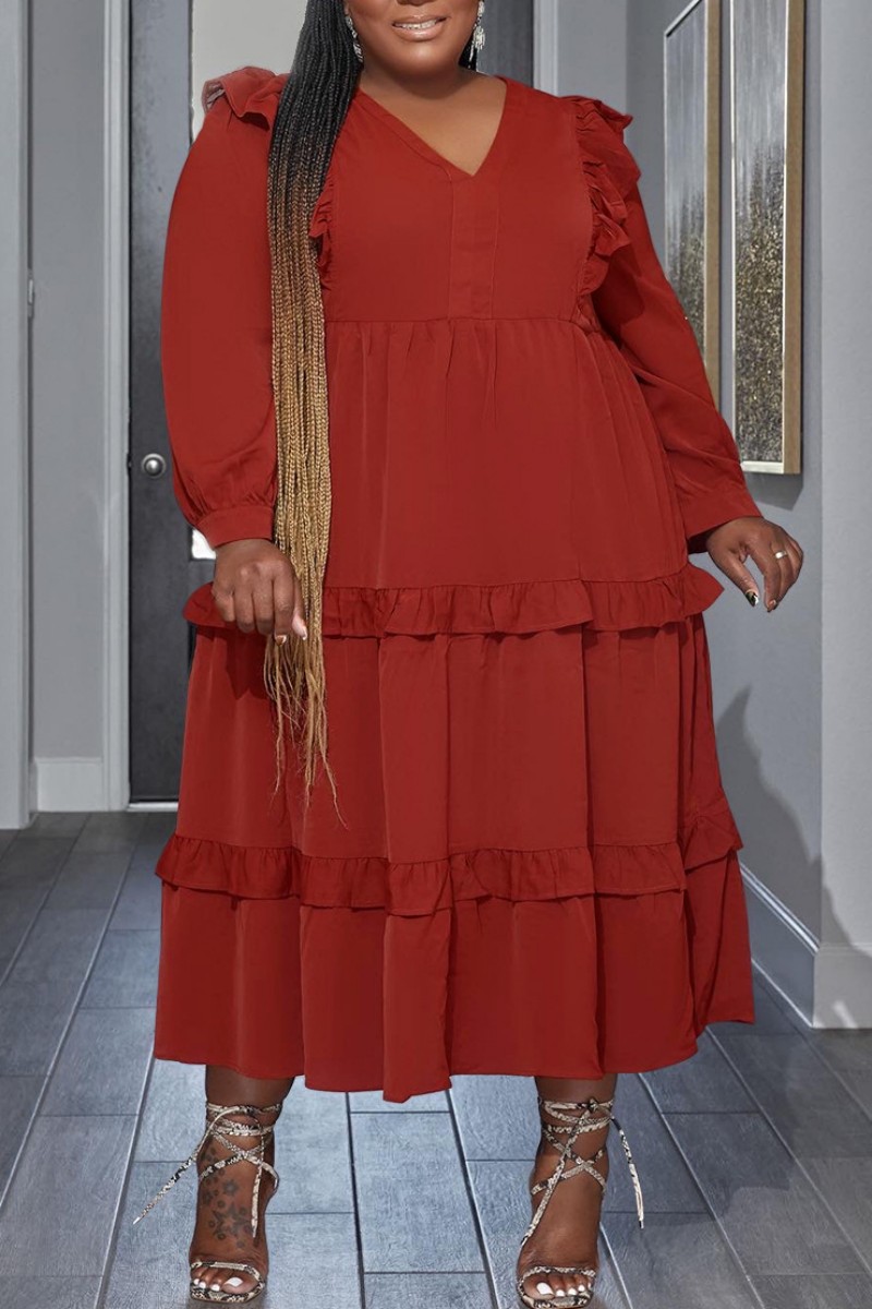 Wholesale Red Casual Solid Patchwork V Neck Long Sleeve Plus Size