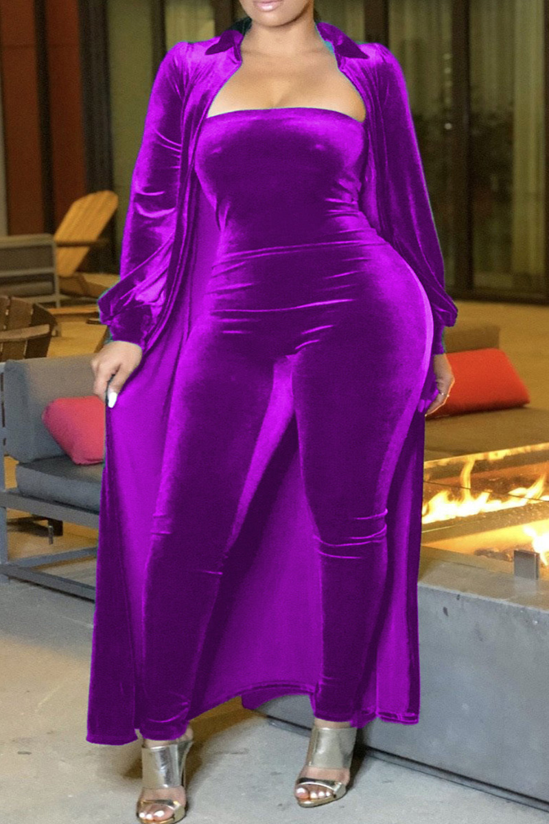 Plus Size Purple Sexy Casual Solid Patchwork Two Pieces Plus Size Two