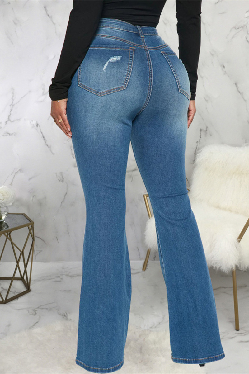 Wholesale Blue Casual Solid Ripped Patchwork High Waist Boot Cut Denim ...
