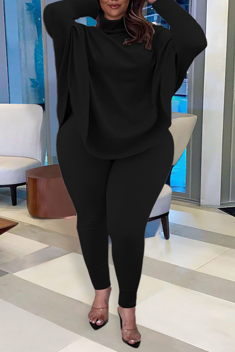 Wholesale Black Casual Solid Patchwork Turtleneck Plus Size Two Pieces ...