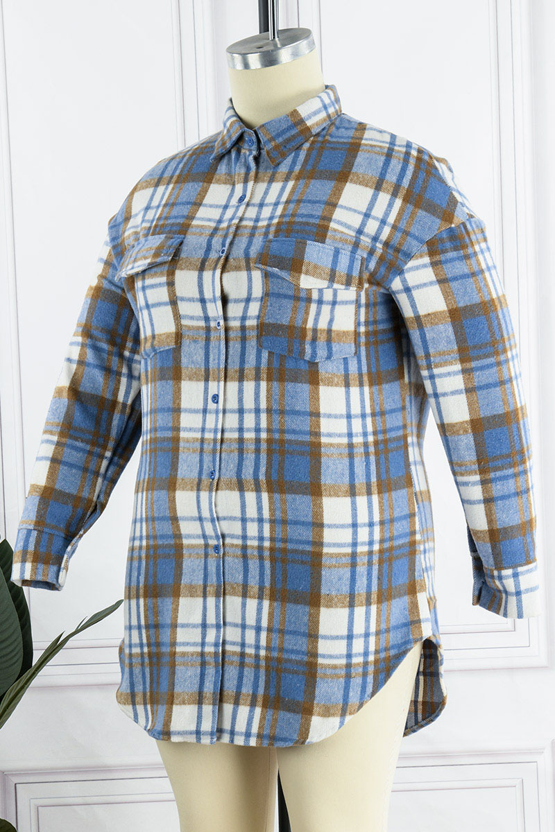 Wholesale Blue Casual Plaid Print Patchwork Buckle Turndown Collar Plus ...