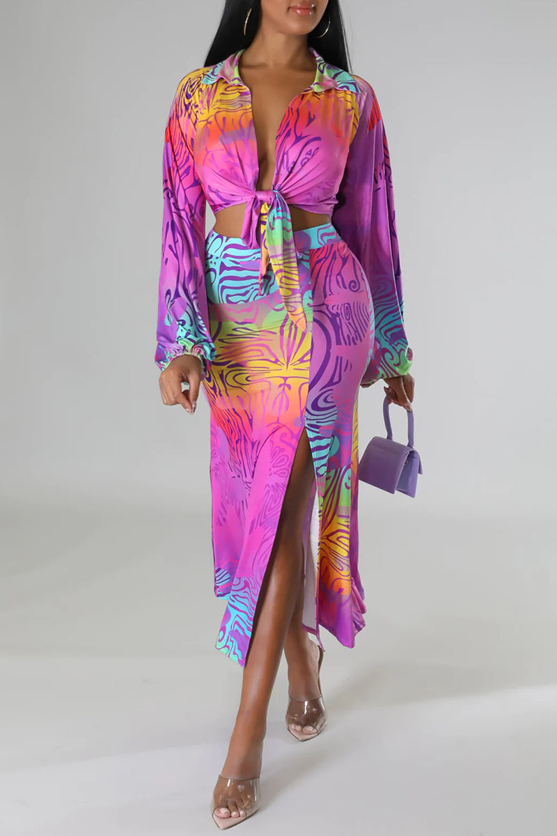 Wholesale Multicolor Sexy Print Bandage Patchwork Slit V Neck Long