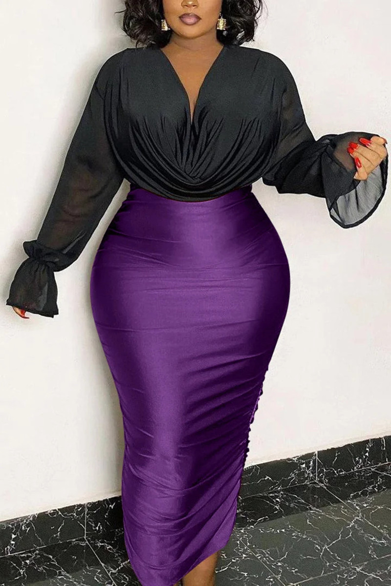 Fashion Dark Purple Sexy Casual Solid Fold U Neck Long Sleeve Two