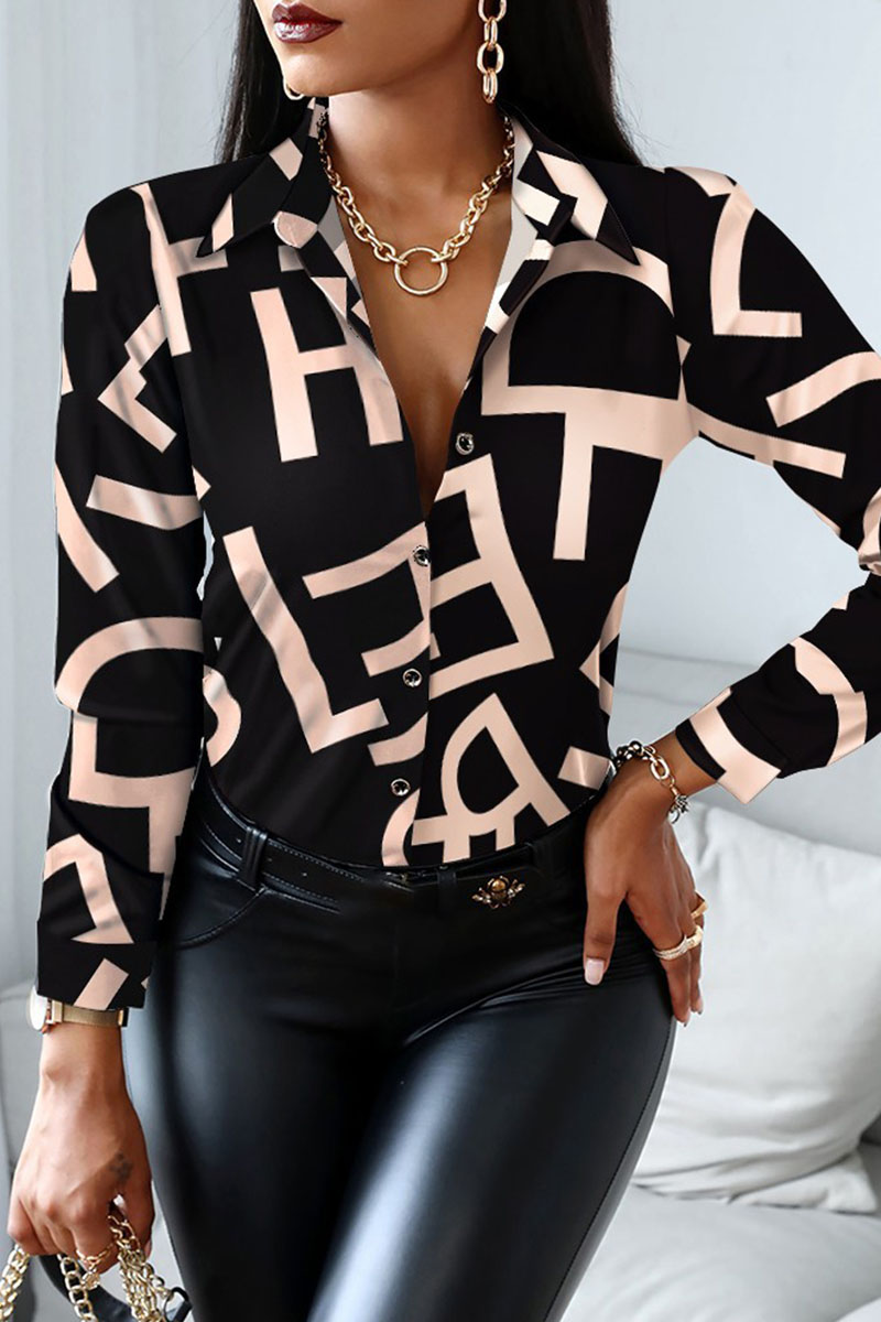 Wholesale Black Casual Print Patchwork Buckle Turndown Collar Tops ...