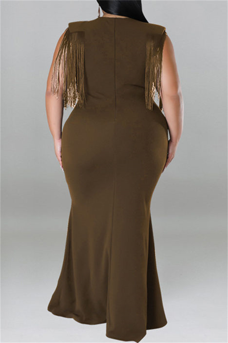 Wholesale Caramel Colour Casual Plus Size Solid Tassel Patchwork V Neck ...