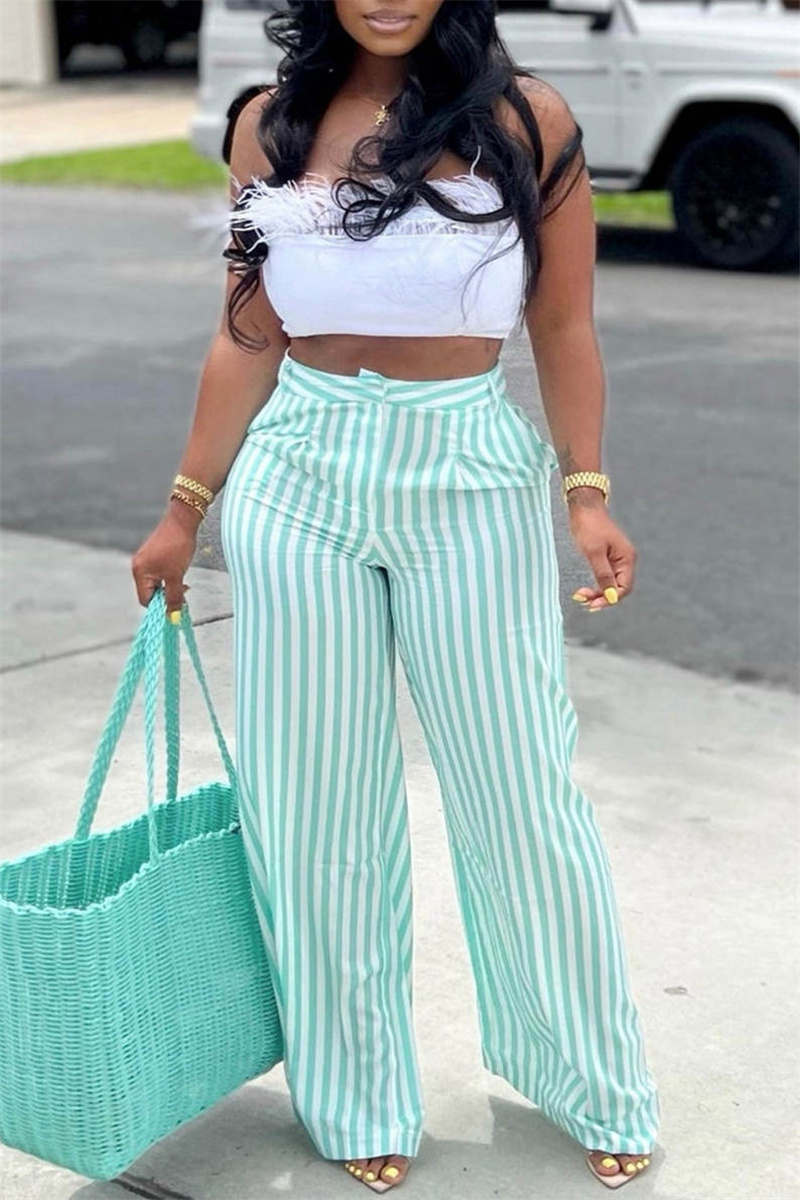 Wholesale Cyan Fashion Casual Striped Print Patchwork Regular High ...