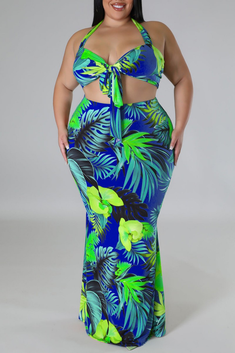 Wholesale Purple Sexy Print Bandage Backless Halter Plus Size Two