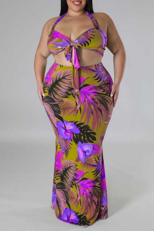 Wholesale Purple Sexy Print Bandage Backless Halter Plus Size Two