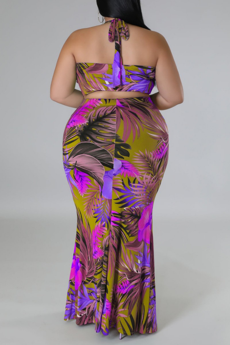 Wholesale Purple Sexy Print Bandage Backless Halter Plus Size Two