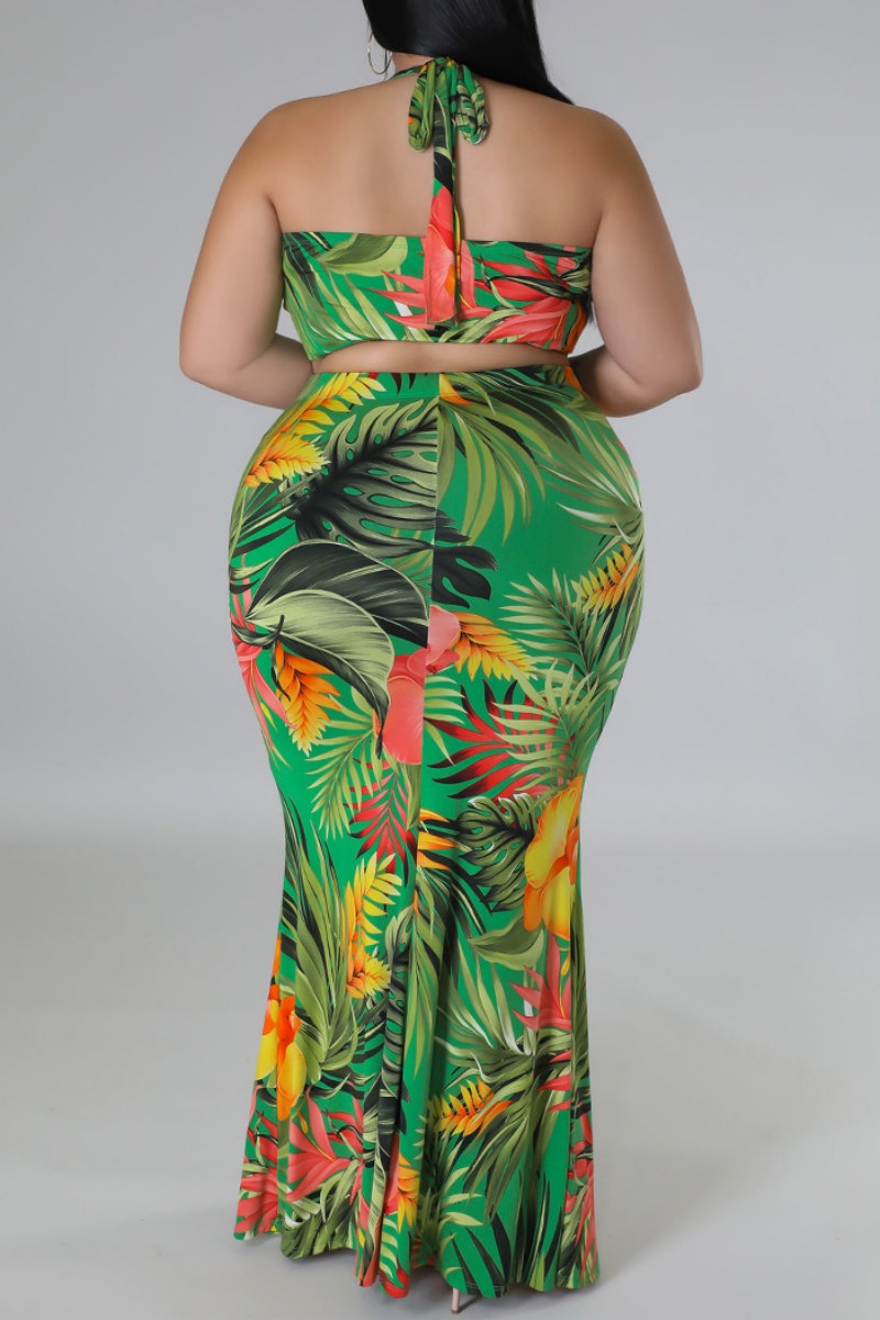 Wholesale Purple Sexy Print Bandage Backless Halter Plus Size Two