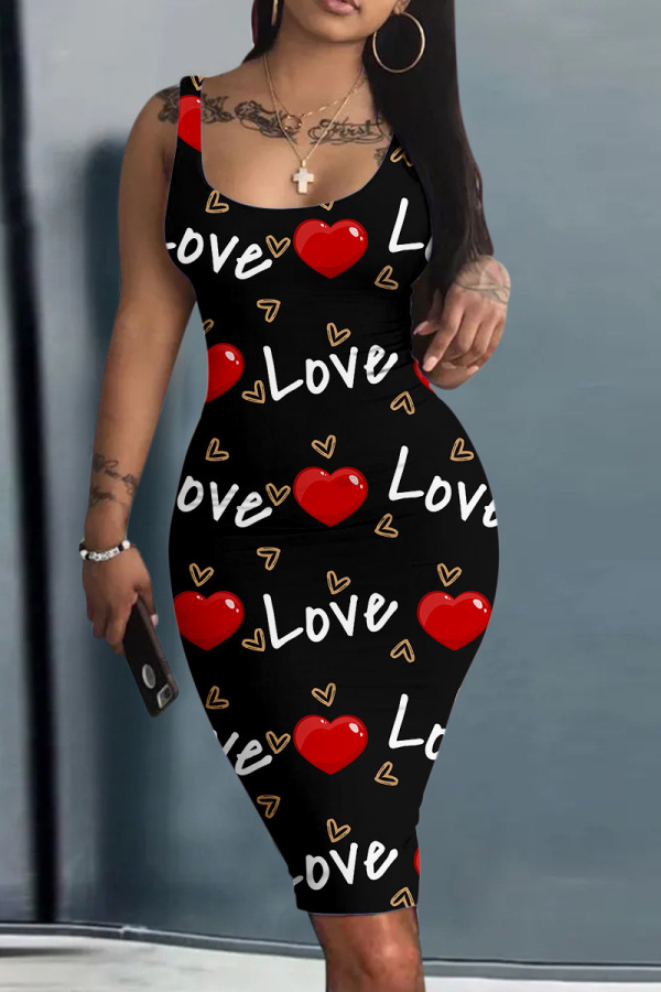 Wholesale Apricot Sexy Casual Print Basic U Neck Vest Dress Dresses ...