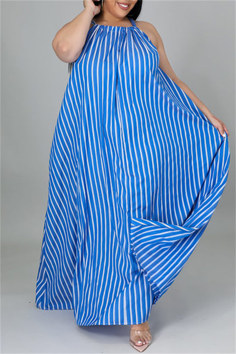 Wholesale Dark Blue Fashion Casual Plus Size Striped Print Backless O ...