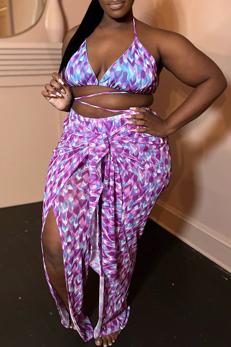 Wholesale Purple Sexy Print Bandage Backless Halter Sleeveless Two