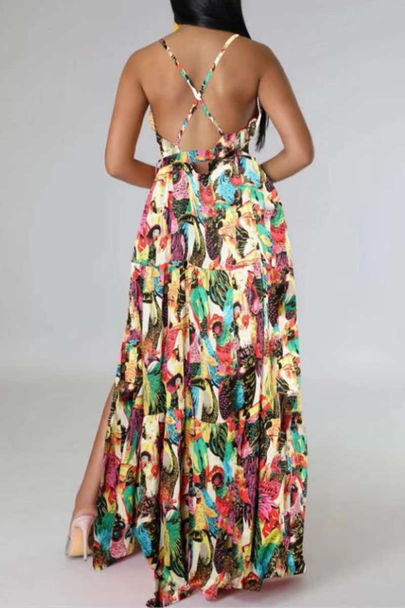 Wholesale Multi-color Sexy Casual Print Backless Slit Spaghetti Strap ...