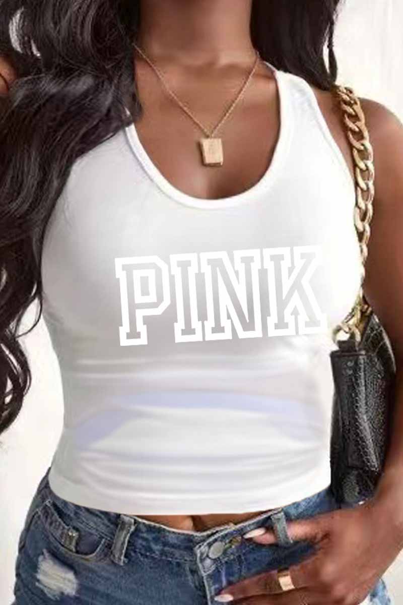Wholesale White Casual Print Letter U Neck Tops K73292-1 Online