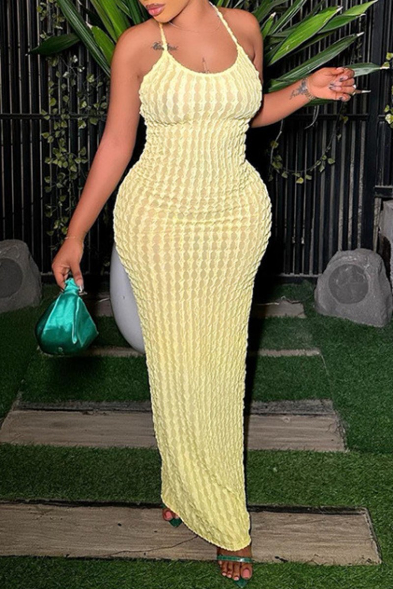 Wholesale Yellow Sexy Solid Backless Cross Straps Long Dress Dresses ...