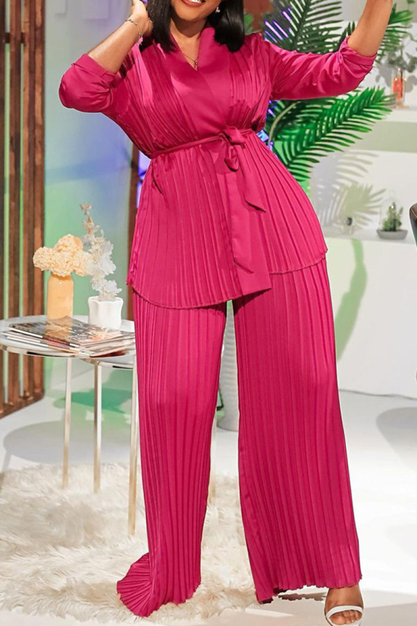 Wholesale Rose Red Casual Solid Bandage Patchwork Fold V Neck Long ...