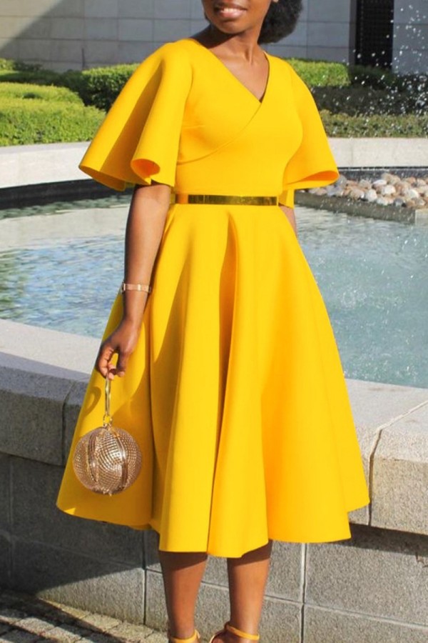 Wholesale Yellow Casual Solid Patchwork V Neck Short Sleeve Dress ...