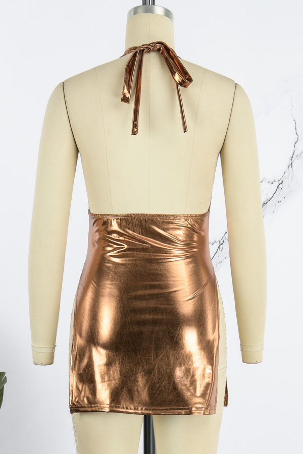 Wholesale Brown Sexy Solid Backless Slit Halter Sleeveless Dress ...