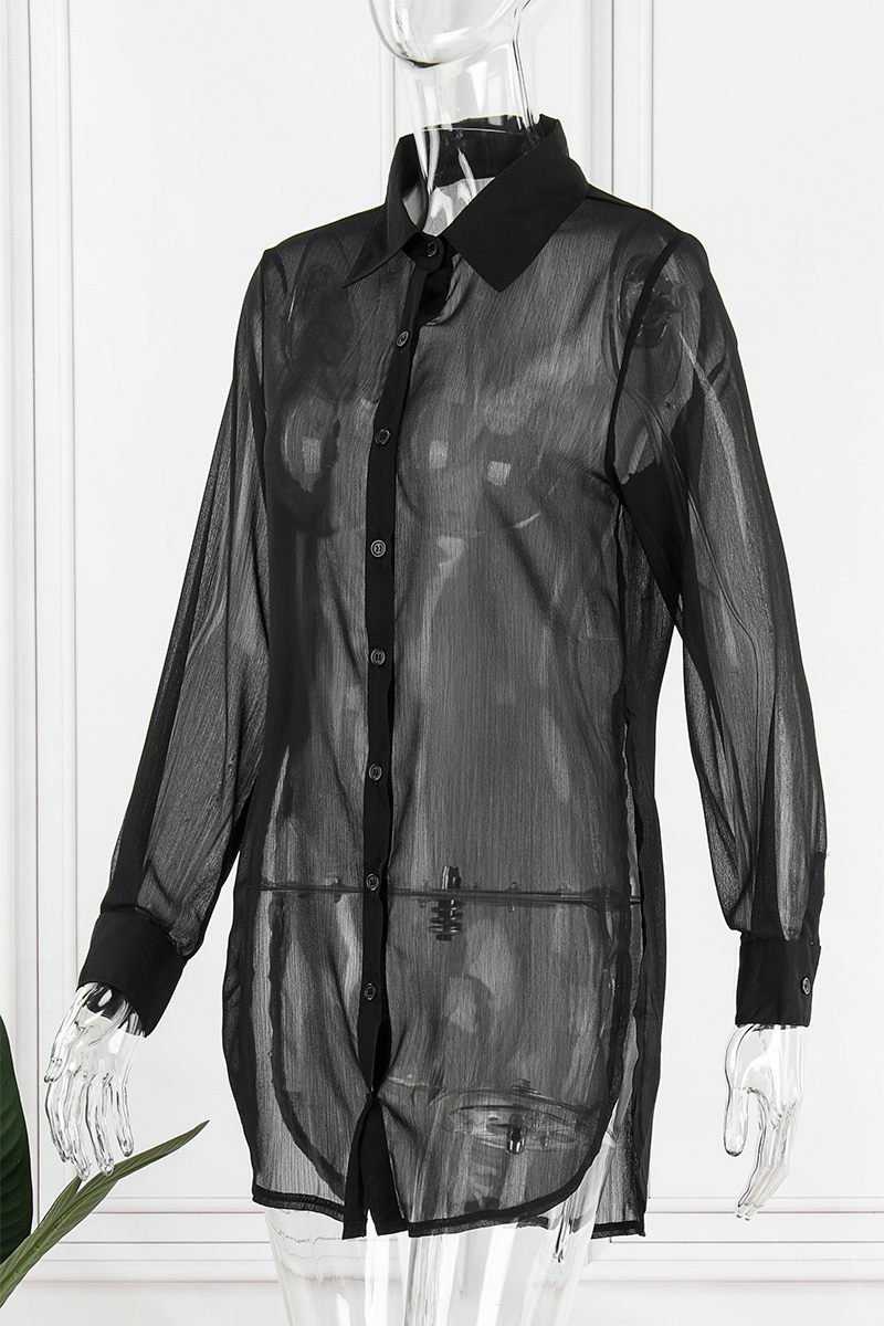 Wholesale Black Casual Solid See-through Slit Shirt Collar Plus Size ...