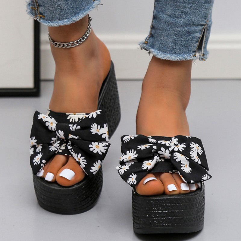 Wholesale White Casual Patchwork Printing With Bow Round Wedges Shoes ...