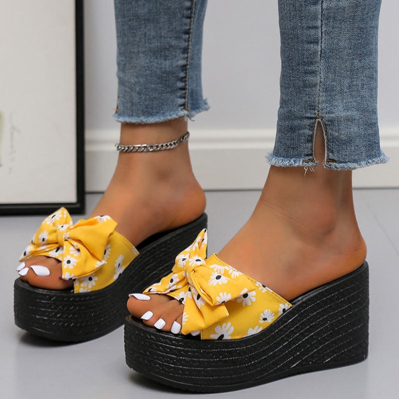 Wholesale White Casual Patchwork Printing With Bow Round Wedges Shoes ...